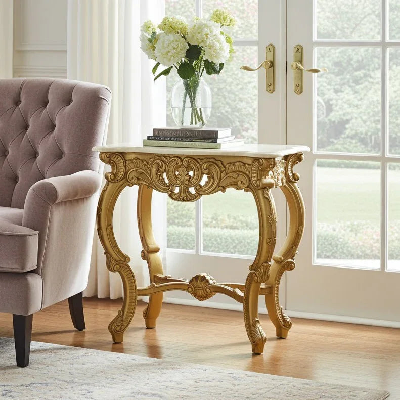 Ornate French Style Edwin End Table with Marble Top